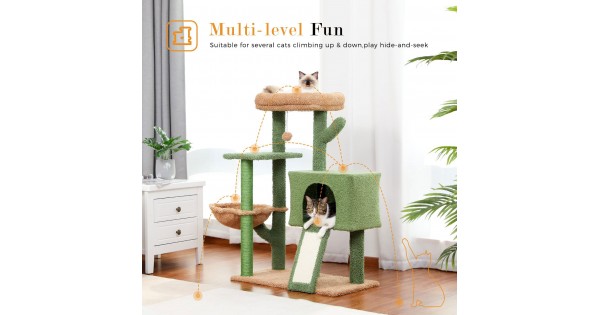 Cactus-Themed Cat Tree with Large Perch & House