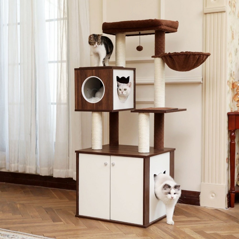Wooden Cat Tree with Enclosure for Cat Litter Box in Brown