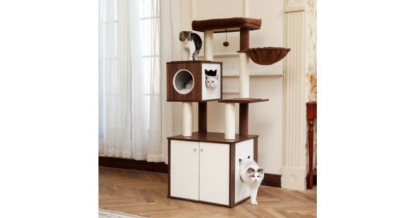 Wooden Cat Tree with Enclosure for Cat Litter Box in Brown
