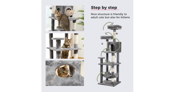 Plush Narrow Cat Tree Condo with Hammock in Gray