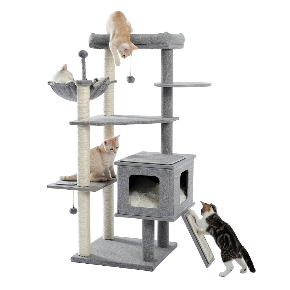 Modern Wooden Cat Tree with Sisal Posts for Large Cats