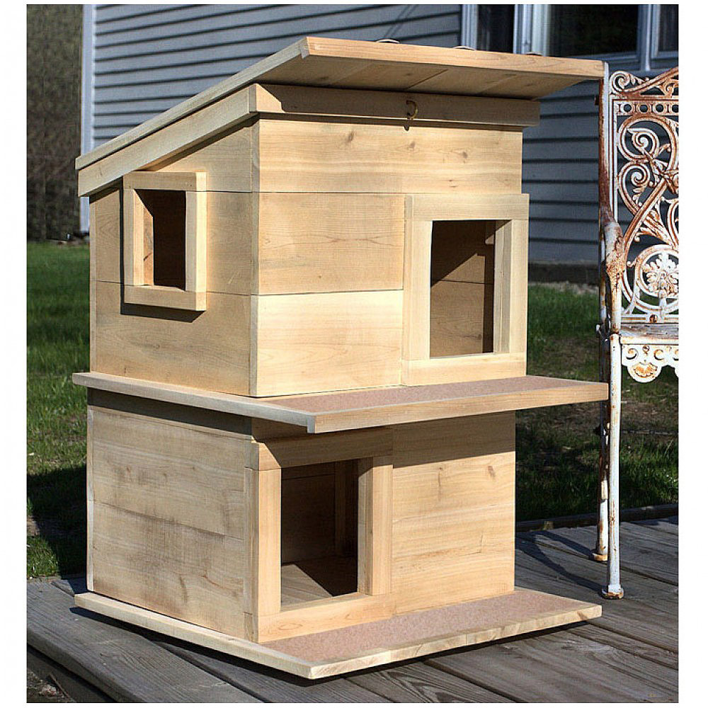 Outdoor Cat Home: Two Story Solid Wood Shelter Made In USA